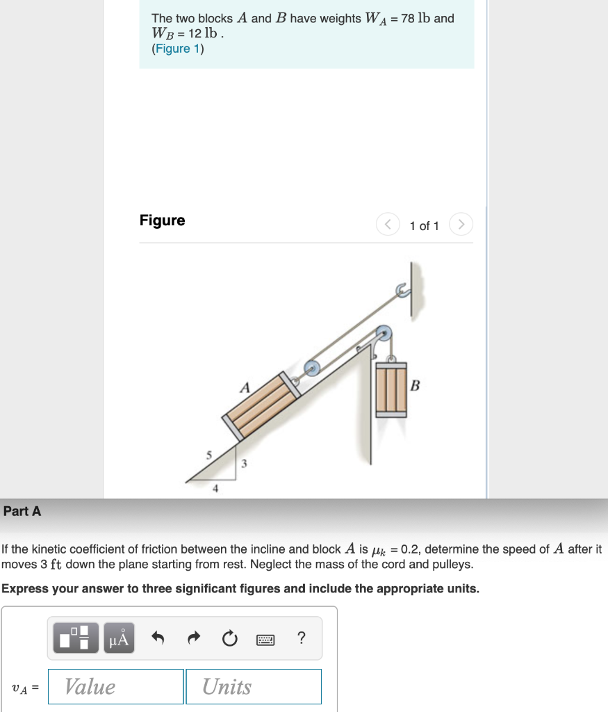 Solved The two blocks A and B have weights WA = 78 lb and WB | Chegg.com