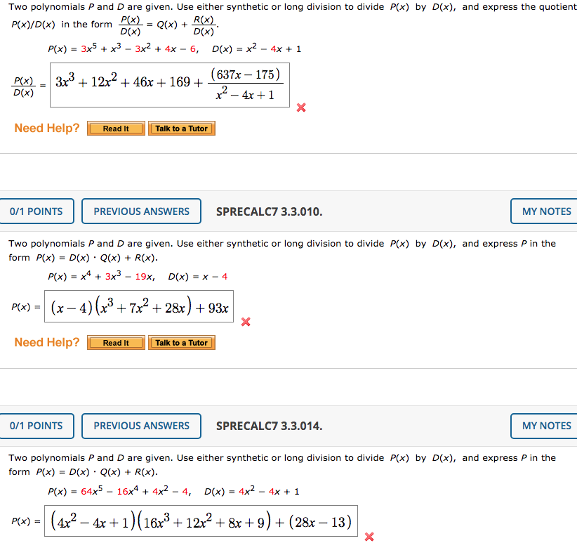 Solved Two polynomials P and D are given. Use either | Chegg.com