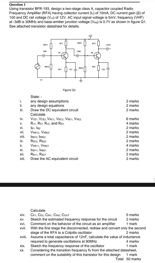 Question 1 Using transistor BFR-193, design a | Chegg.com