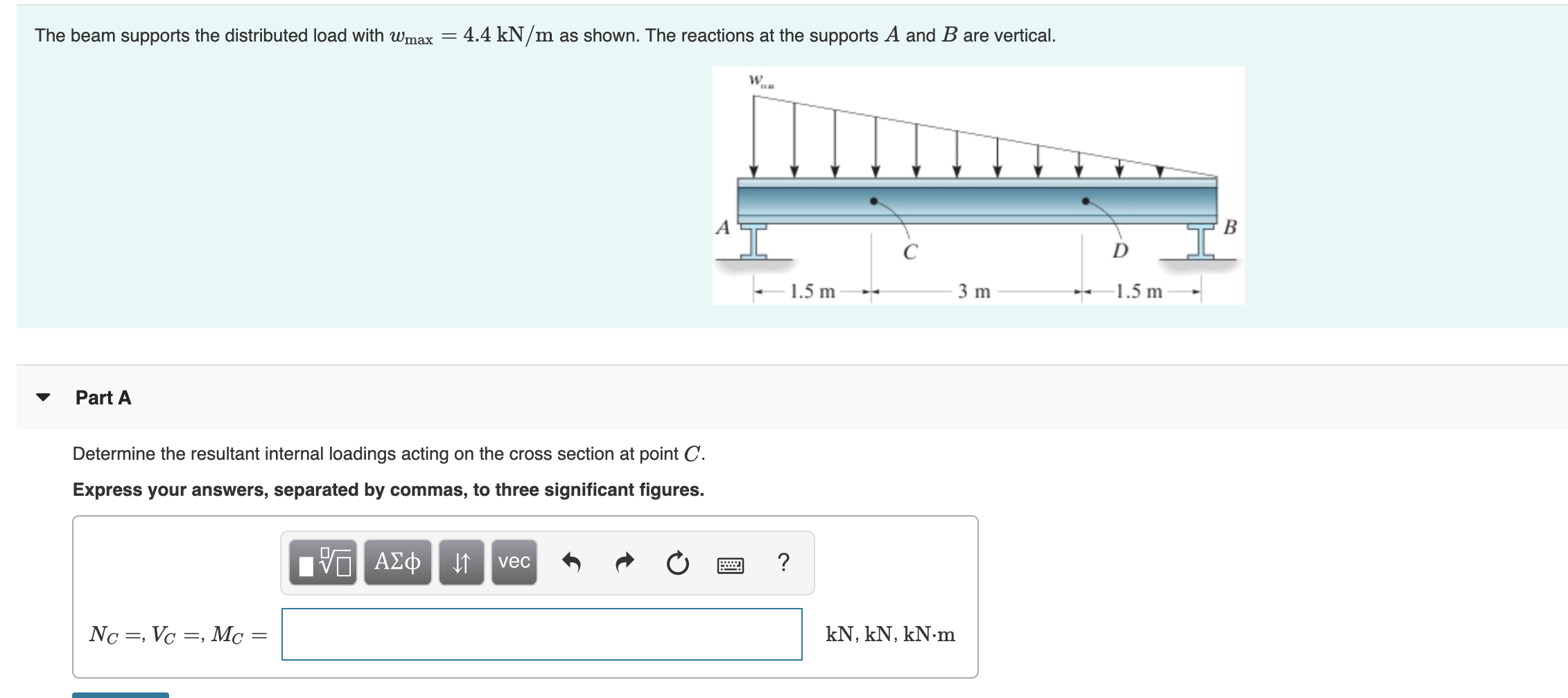 Solved The beam supports the distributed load with Wmax = | Chegg.com