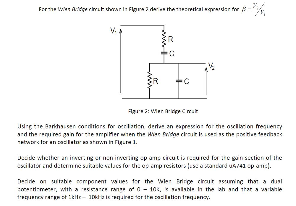 Solved For the Wien Bridge circuit shown in Figure 2 derive | Chegg.com