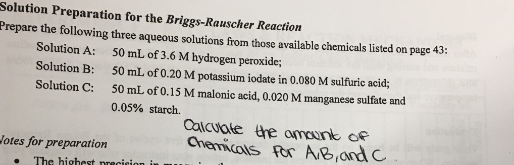Solved Solution Preparation for the Briggs-Rauscher Reaction | Chegg.com