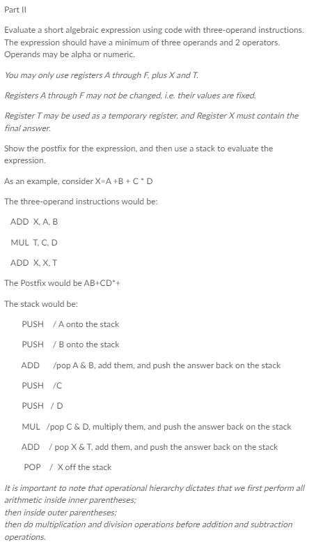 Solved Part II Evaluate a short algebraic expression using | Chegg.com