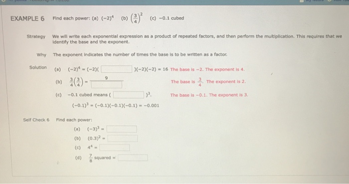 Solved EXAMPLE 6 Find each power: (a) (-2)4 (b) (c)-0.1 | Chegg.com