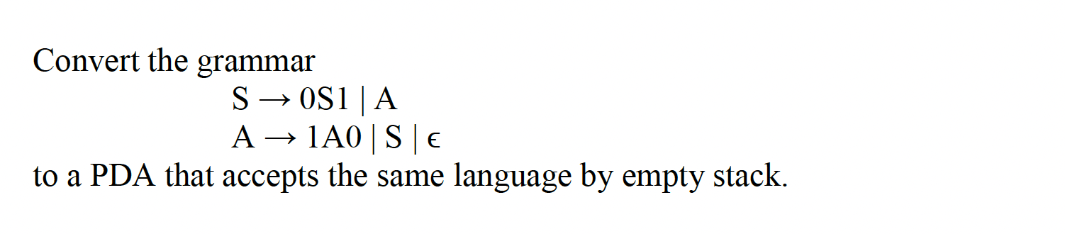 Solved Convert the grammar S→0 S1∣AA→1 A0∣ S∣ϵ to a PDA that | Chegg.com