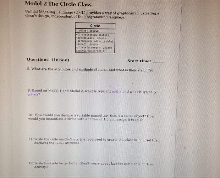 Solved Model 2 The Circle Class Unified Modeling Language | Chegg.com