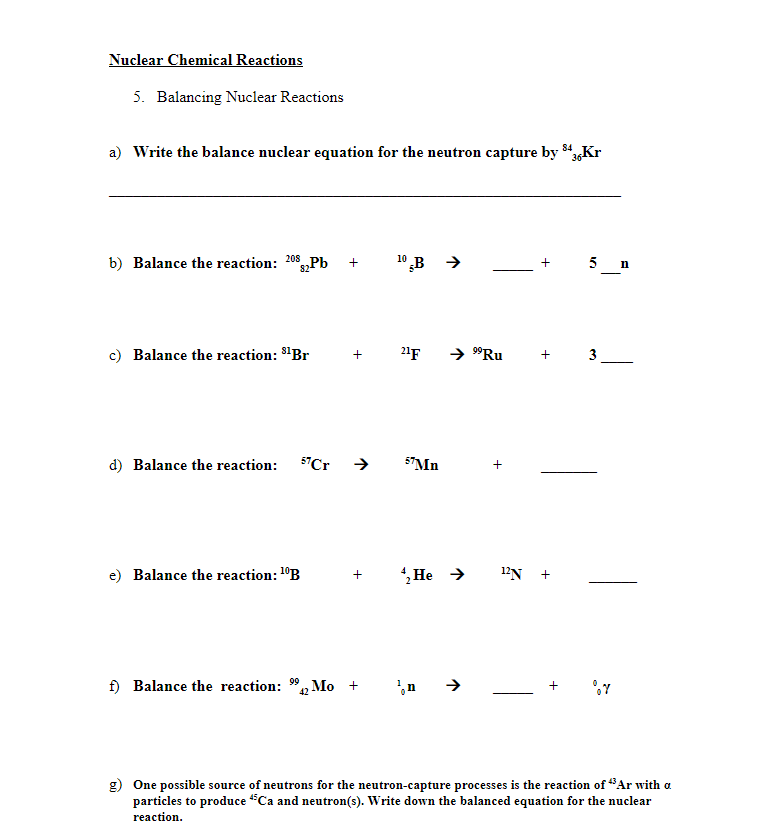 Solved Nuclear Chemical Reactions 5. Balancing Nuclear | Chegg.com