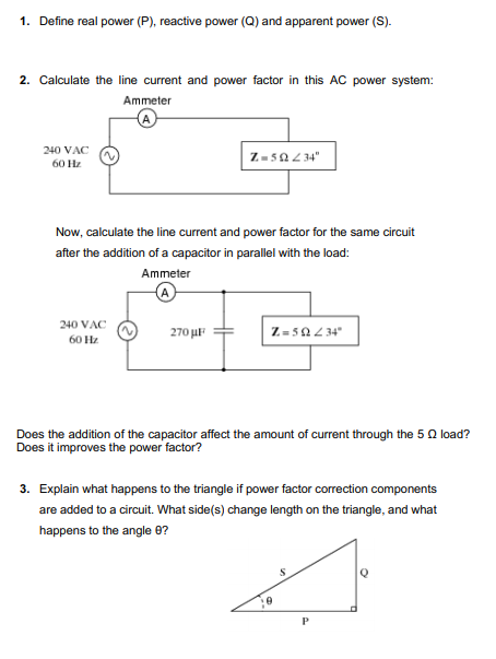 Solved 1. Define real power (P), reactive power (@) and | Chegg.com