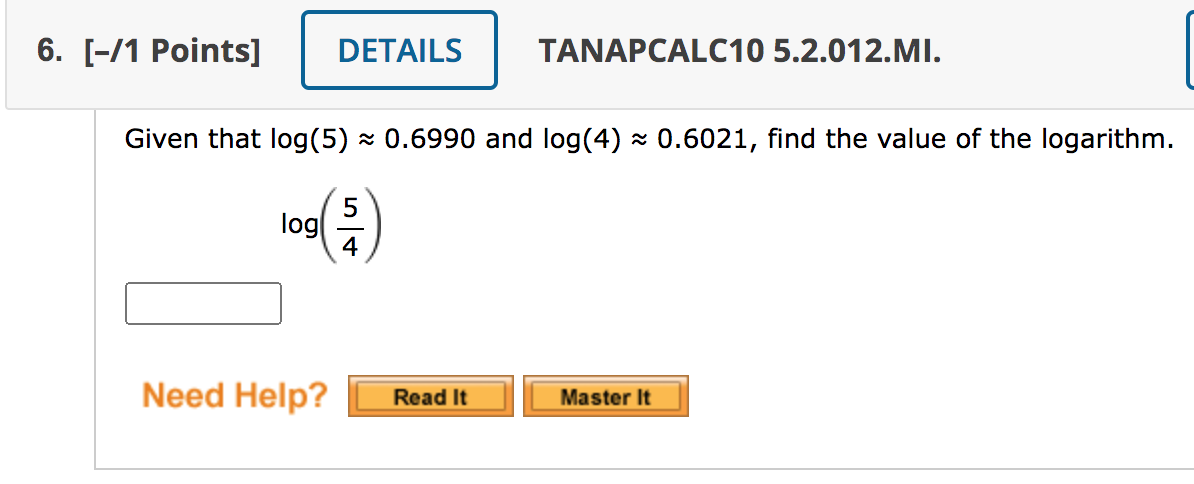 Solved TANAPCALC10 5.2.012.MI. Given that log(5)≈0.6990 and | Chegg.com