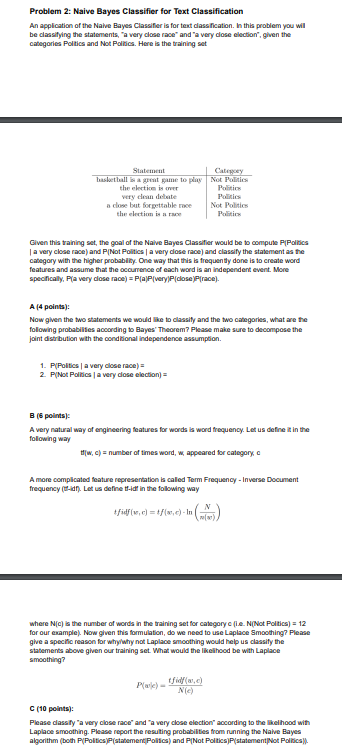 Solved Problem 2: Naive Bayes Classifier for Text | Chegg.com