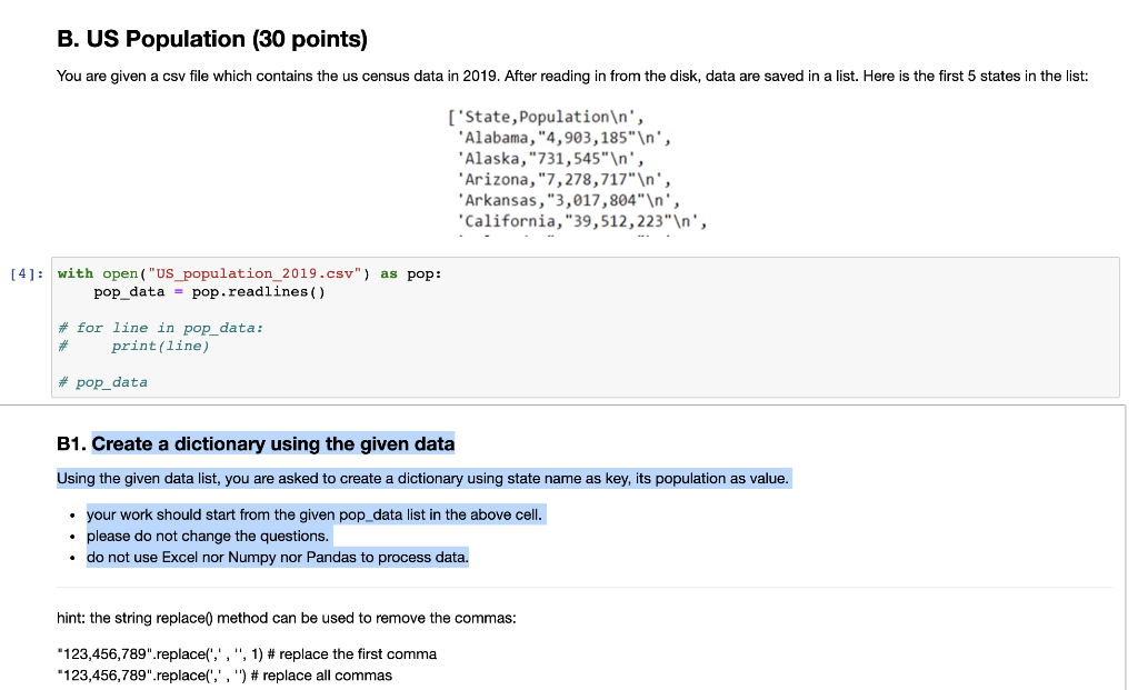 Solved B. US Population (30 points) You are given a csv file | Chegg.com