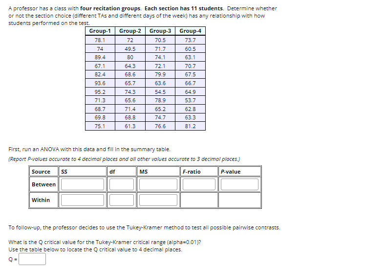 Solved A professor has a class with four recitation groups. | Chegg.com