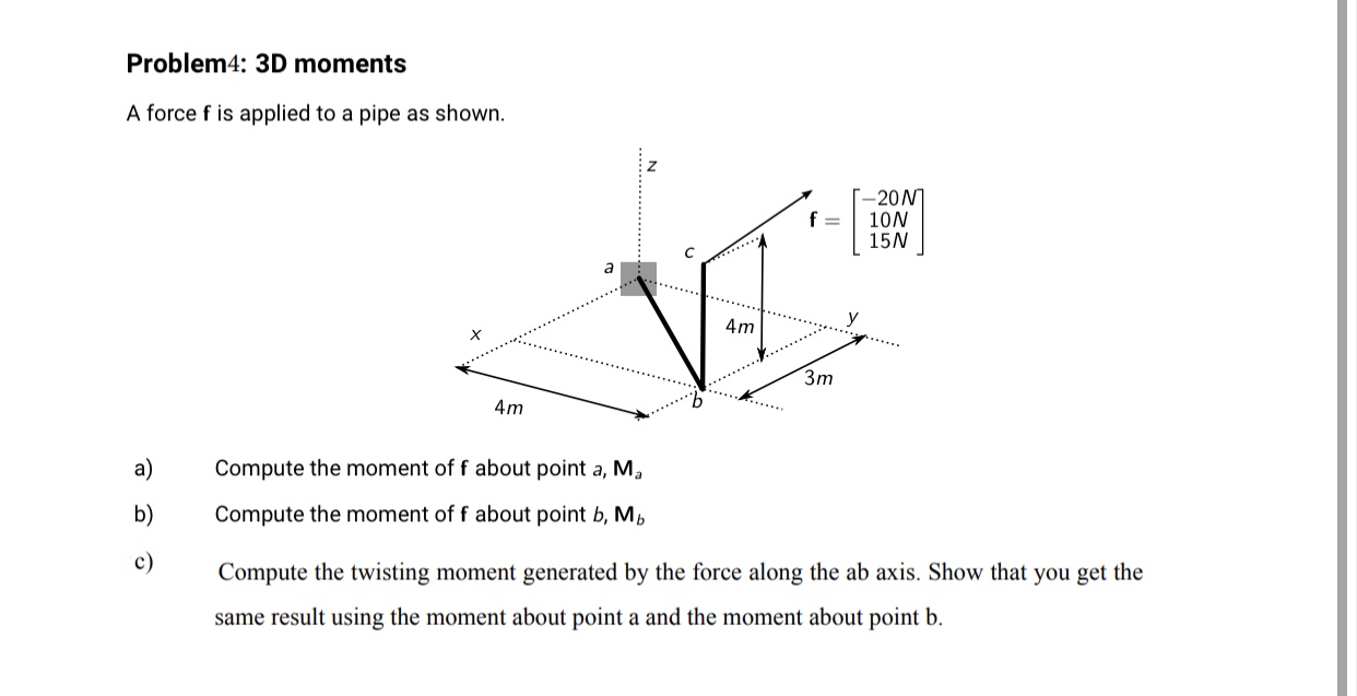 Problem4; 3D moments A force f is applied to a pipe | Chegg.com