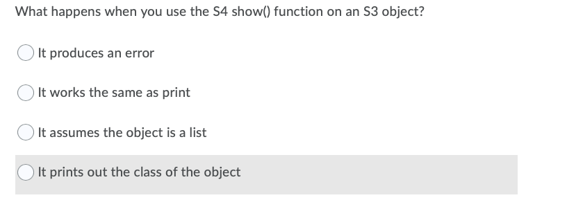 Solved What happens when you use the S4 show() function on | Chegg.com