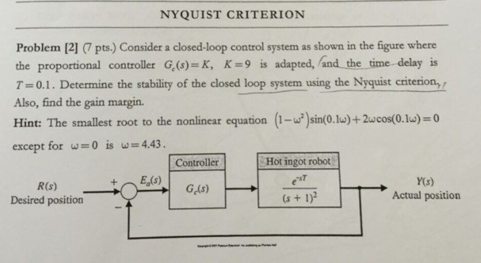 Solved NYQUIST CRITERION Problem [2] (7 pts.) Consider a | Chegg.com
