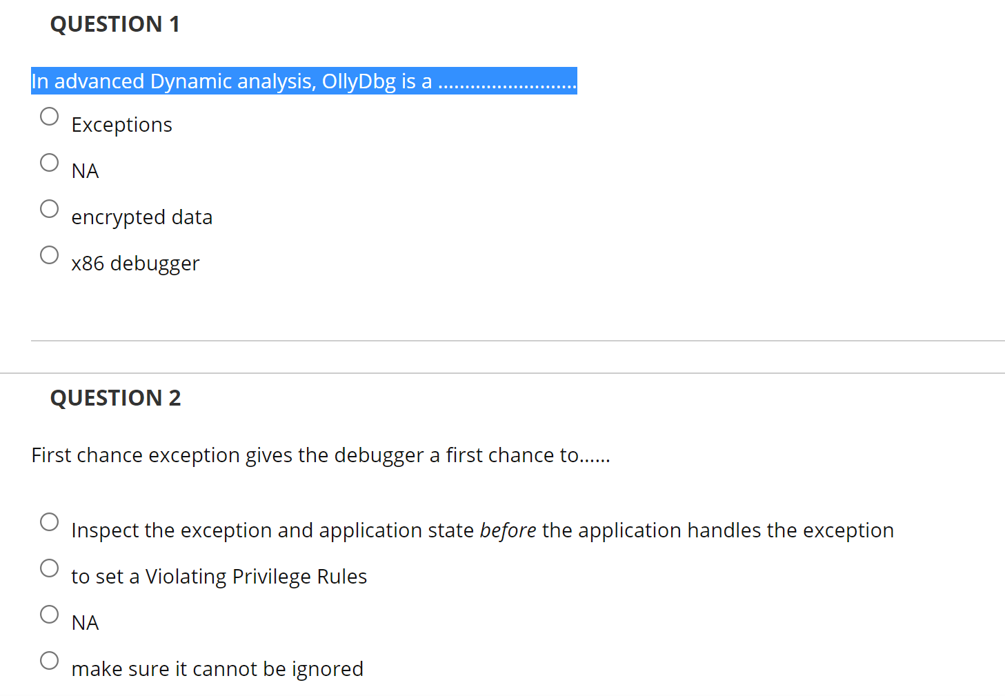 Solved QUESTION 1 In advanced Dynamic analysis, OllyDbg is a | Chegg.com