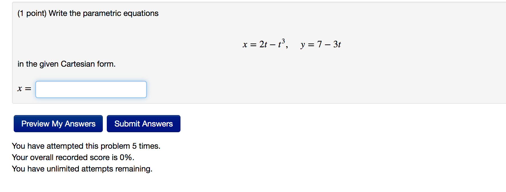 Solved (1 point) Write the parametric equations x = 2t – †, | Chegg.com