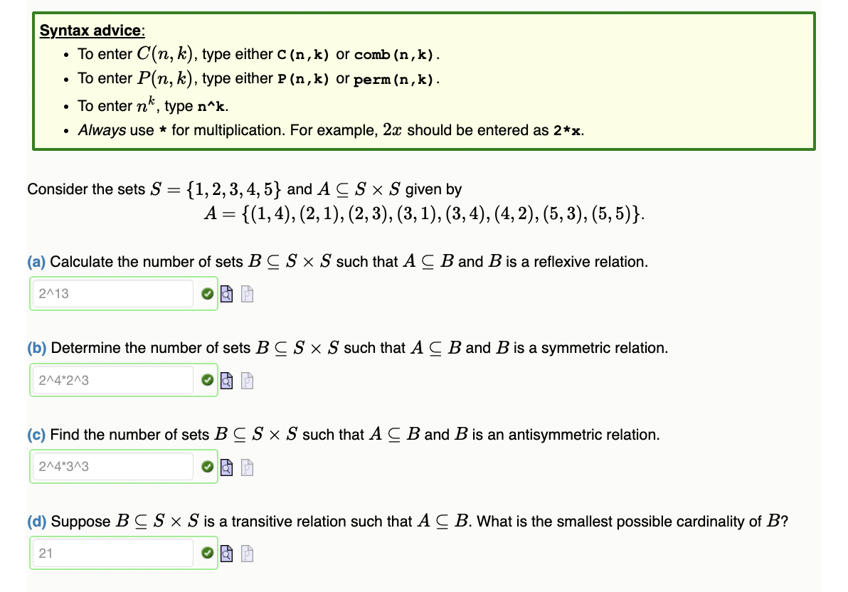 Solved Syntax advice: - To enter C(n,k), type either c(n,k) | Chegg.com