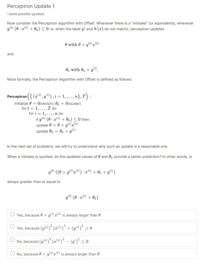Solved Perceptron Update 11 ﻿point possible (graded)Now | Chegg.com