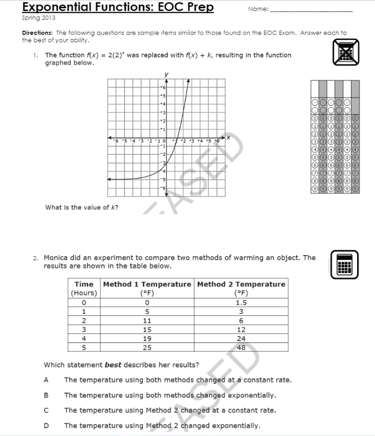 Solved Exponential Functions: EOC Prep Name: Spring 2013 | Chegg.com