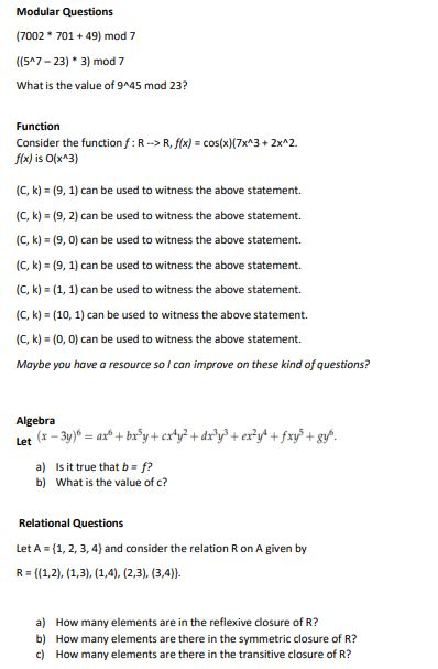 Solved Modular Questions (7002 * 701 + 49) mod 7 ((5^7 - 23) | Chegg.com