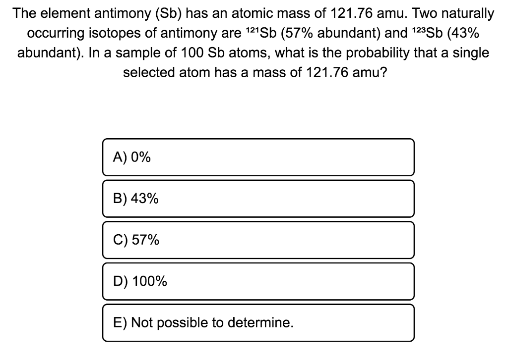 Solved: The Element Antimony (Sb) Has An Atomic Mass Of 12... | Chegg.com