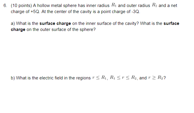Solved (10 ﻿points) ﻿A hollow metal sphere has inner radius | Chegg.com