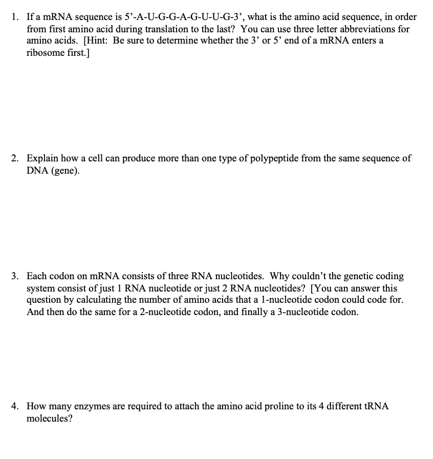 Solved 1. If a mRNA sequence is 5'-A-U-G-G-A-G-U-U-G-3', | Chegg.com