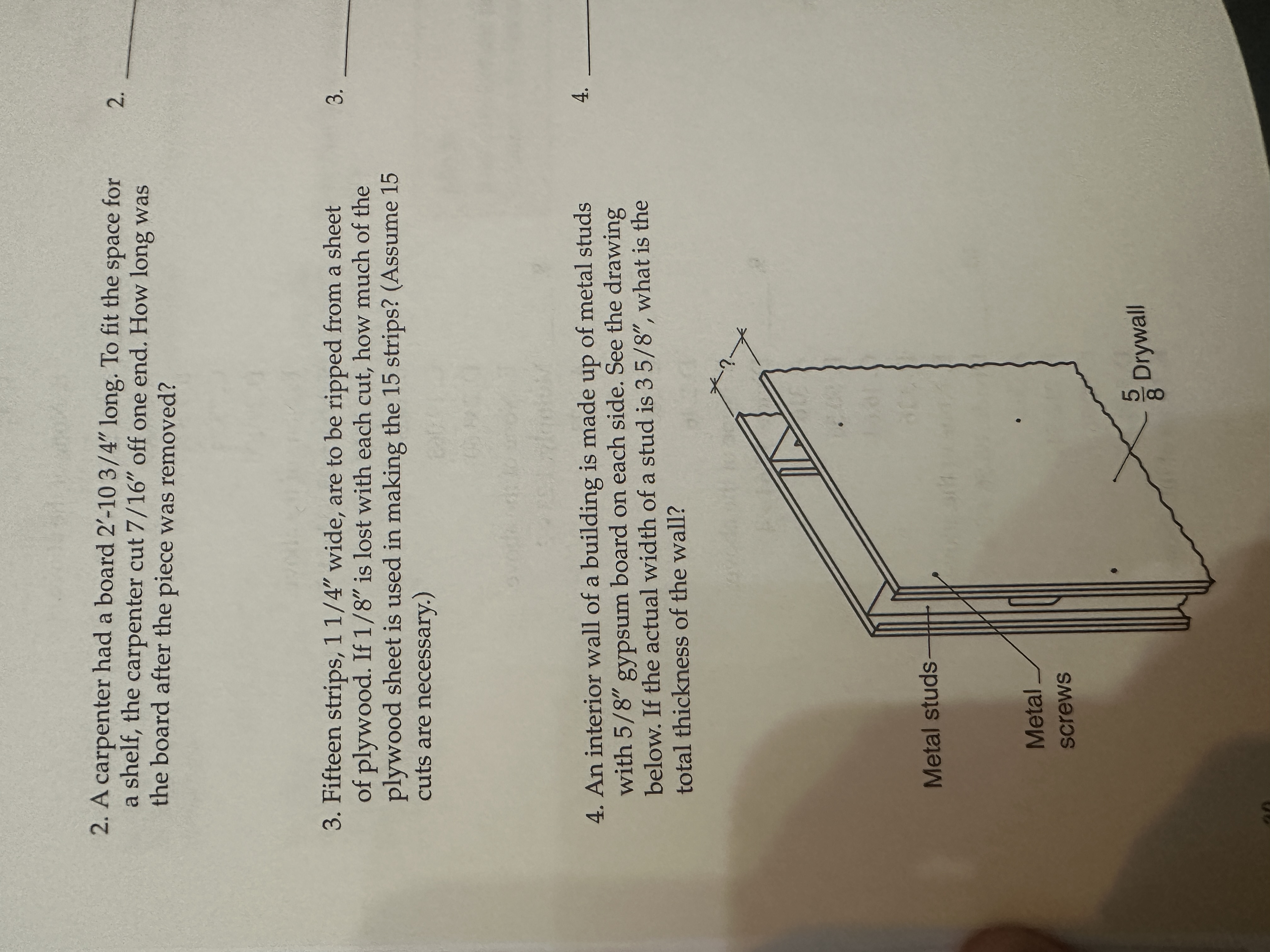 Solved 2. A carpenter had a board 2′−103/4′′ long. To fit | Chegg.com