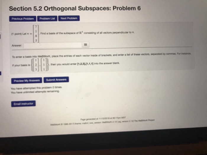 Solved Section 5.2 Orthogonal Subspaces: Problem 4 Previous | Chegg.com
