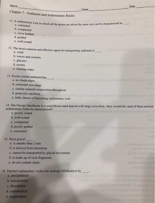 Solved Date Name: Class Chapter 7-Sediment and Sedimentary | Chegg.com