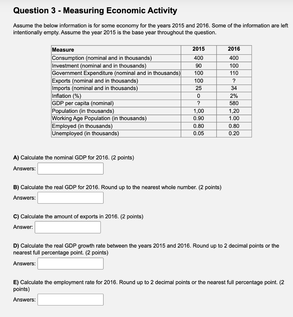 Solved Question 3 - Measuring Economic Activity Assume the | Chegg.com