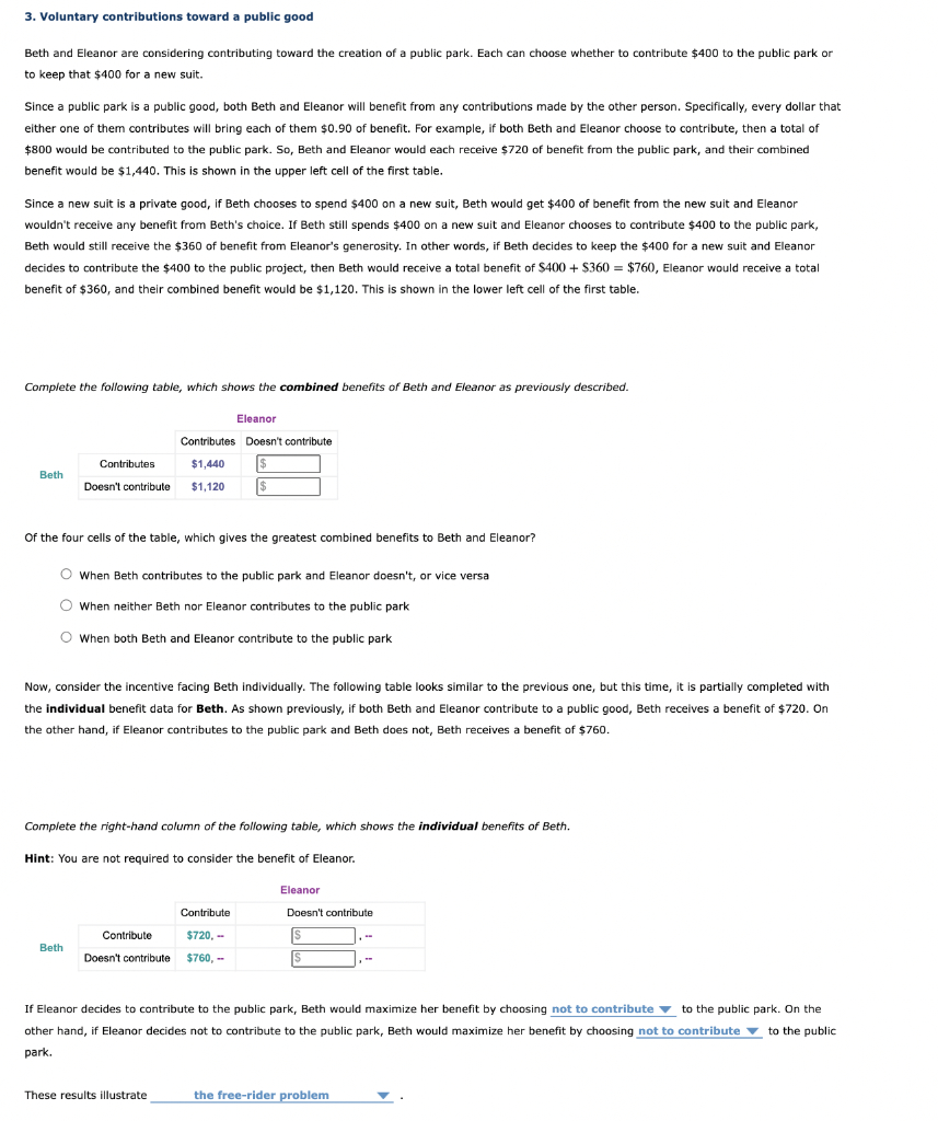 Solved 3. Voluntary contributions toward a public good Beth | Chegg.com