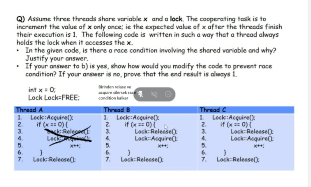 Solved Q) Assume three threads share variable x and a lock. | Chegg.com