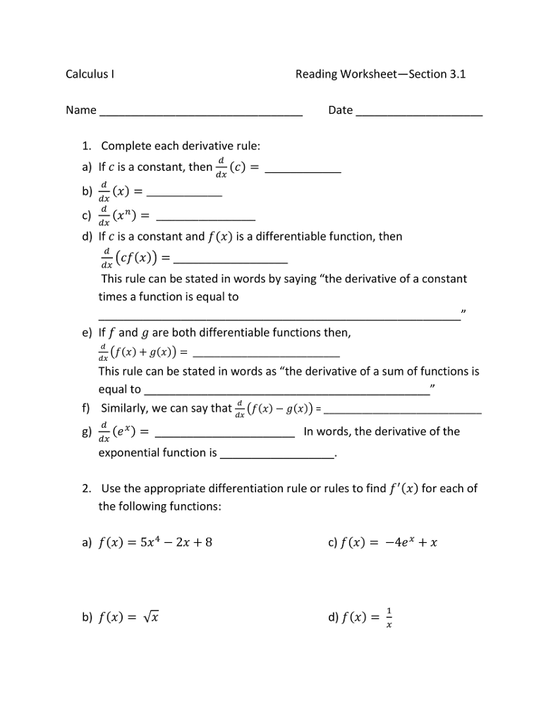 Solved Calculus l Reading Worksheet-Section 3.1 Name Date 1. | Chegg.com