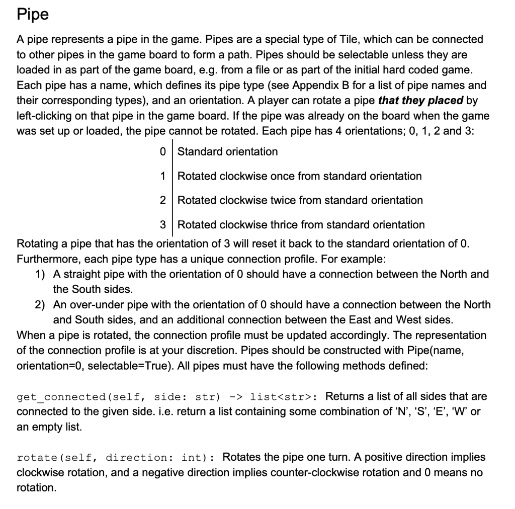 Solved Pipe A pipe represents a pipe in the game. Pipes are | Chegg.com