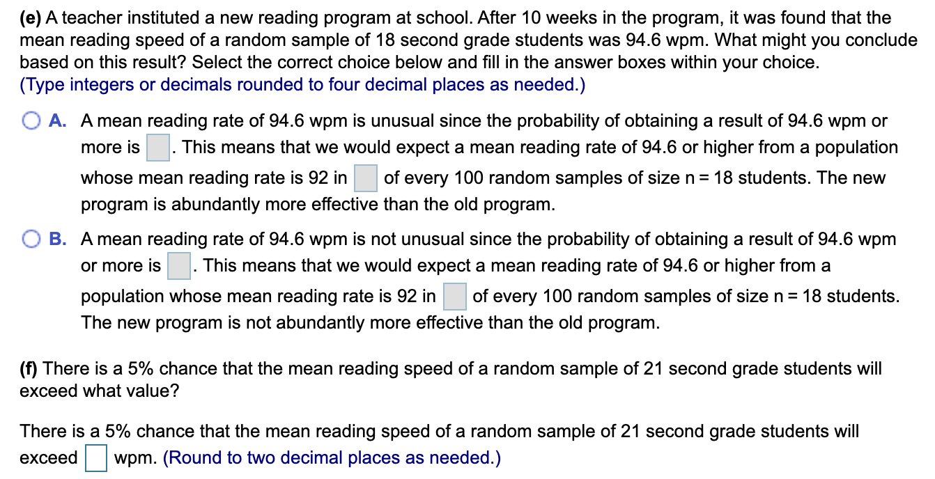 Solved The reading speed of second grade students in a large | Chegg.com