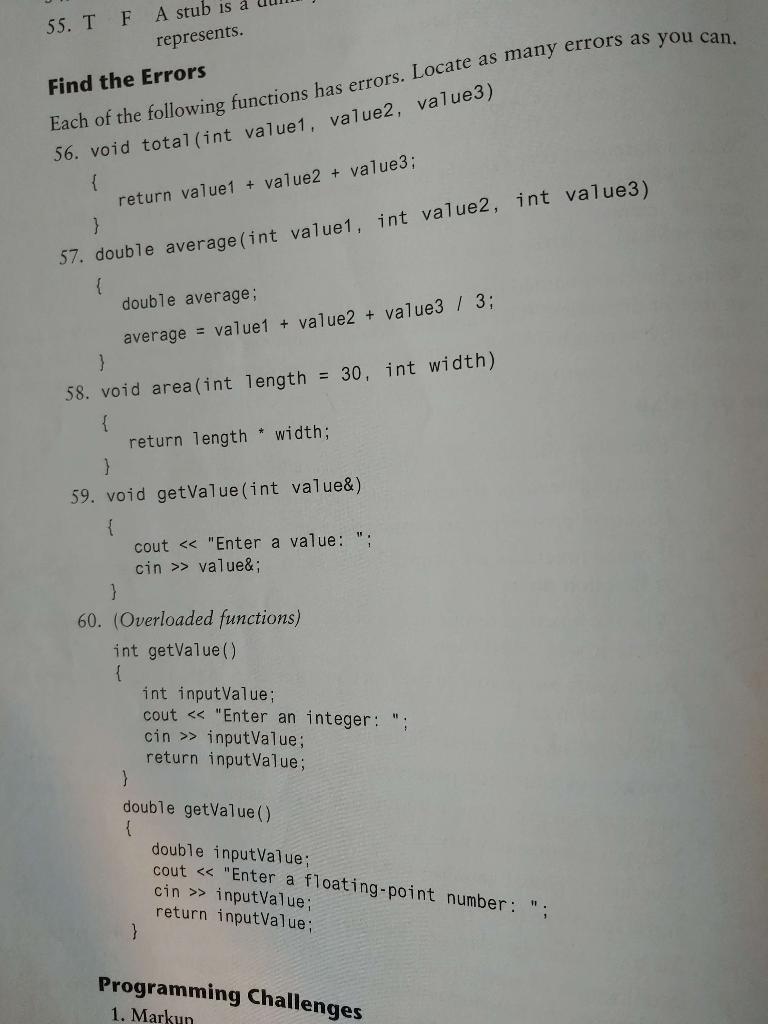55. T F A stub is a Each of the following functions | Chegg.com