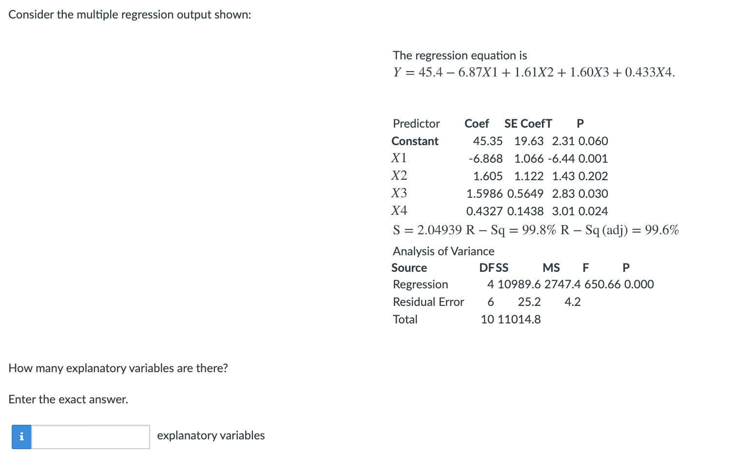 Solved Consider the multiple regression output shown: The | Chegg.com