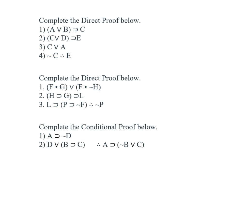 Solved Complete the Direct Proof below. 1) (A∨B)⊃C 2) | Chegg.com