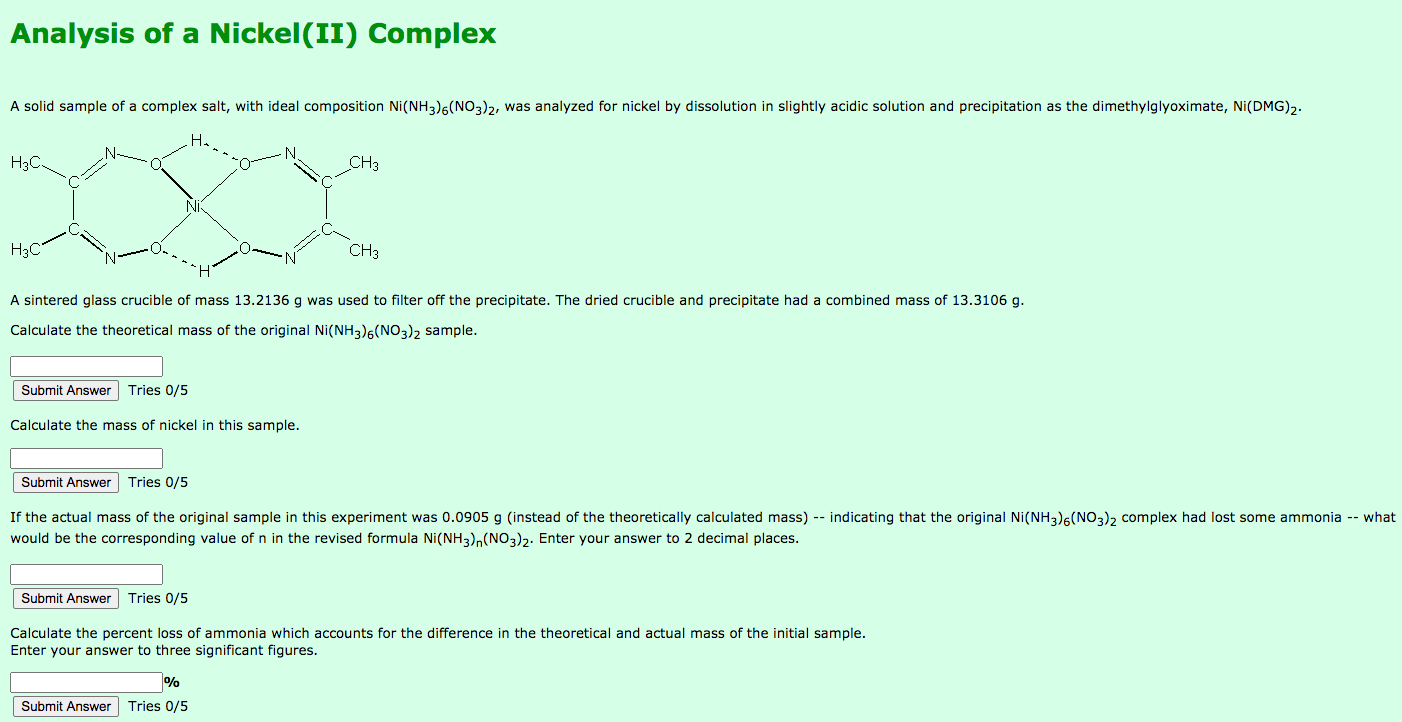 Solved Analysis of a Nickel(II) Complex A solid sample of a | Chegg.com