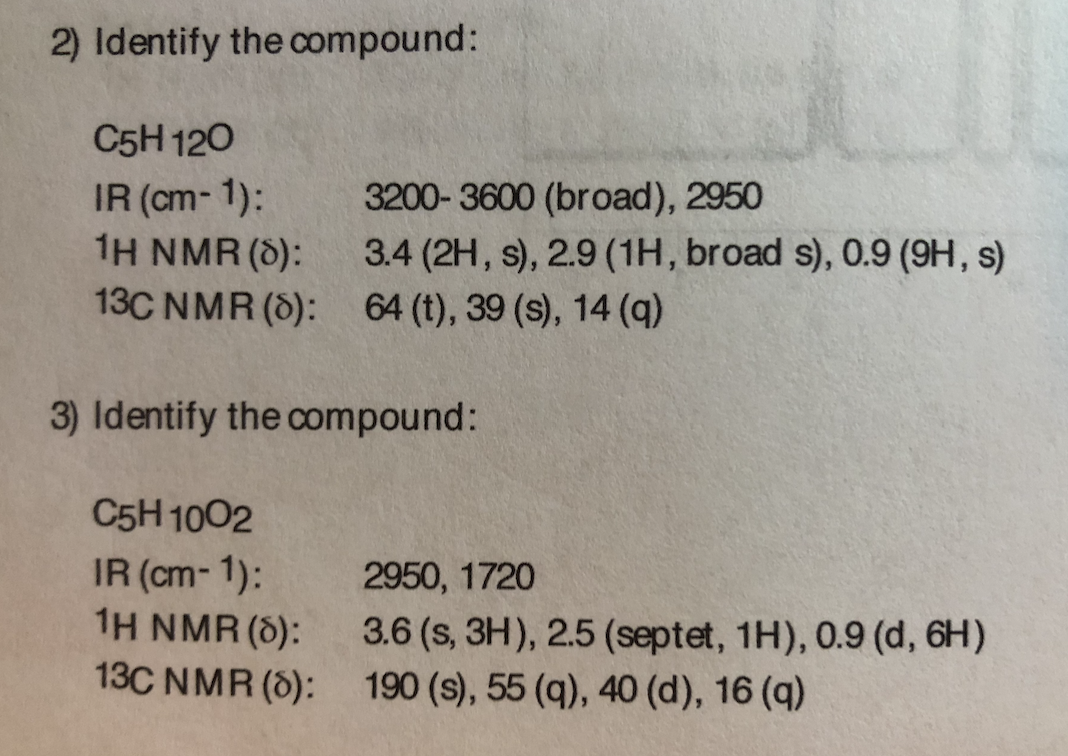 Solved 2) Identify the compound: C5H12O IR (cm-1): 3200-3600 | Chegg.com