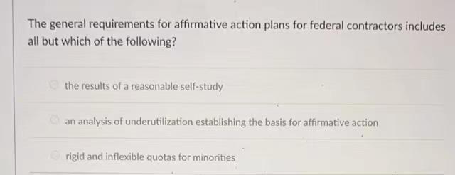 Solved The general requirements for affirmative action plans | Chegg.com