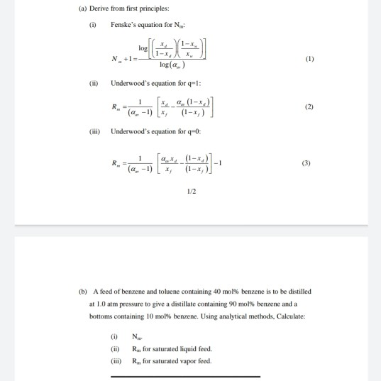 Solved (a) Derive from first principles: () Fenske's | Chegg.com