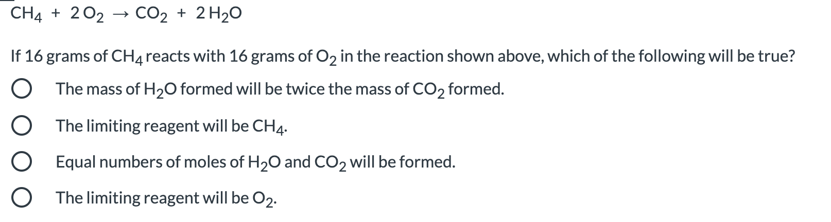 Solved CH4 + 2O2 CO2 + 2 H2O If 16 grams of CH4 reacts with | Chegg.com