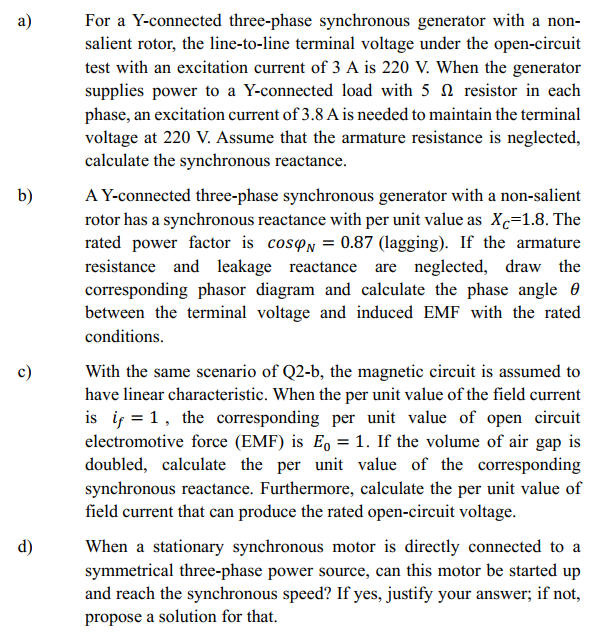 Solved a) ﻿For a Y-connected three-phase synchronous | Chegg.com