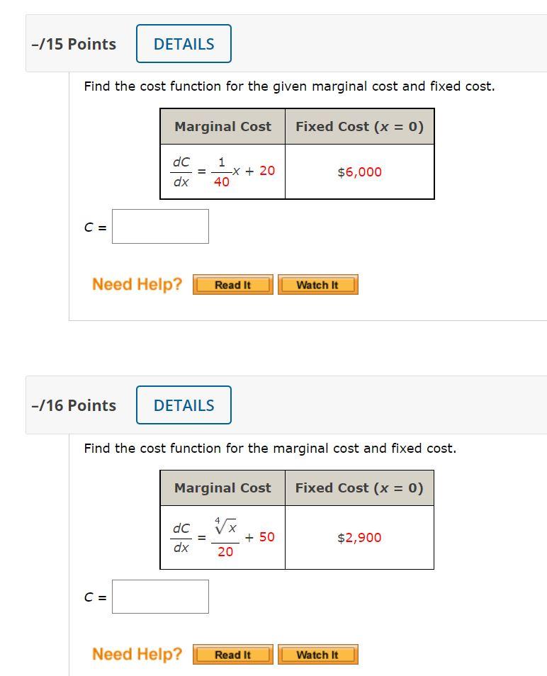 Solved Find the cost function for the given marginal cost | Chegg.com