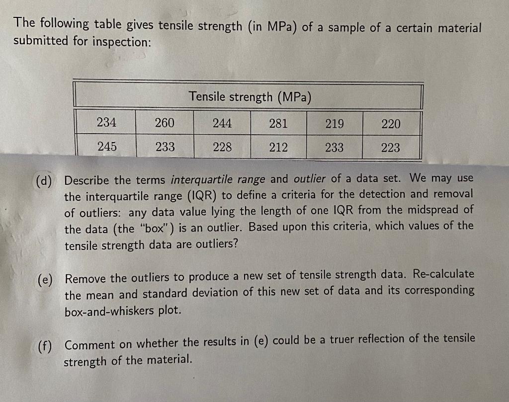 Solved The following table gives tensile strength (in MPa) | Chegg.com