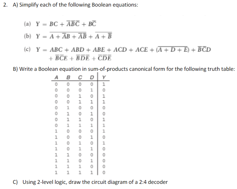 Solved A) Simplify each of the following Boolean equations: | Chegg.com