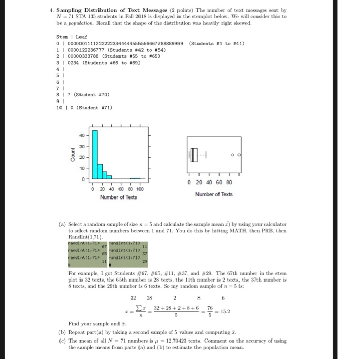 Solved 4. Sampling Distribution of Text Messages (2 points) | Chegg.com